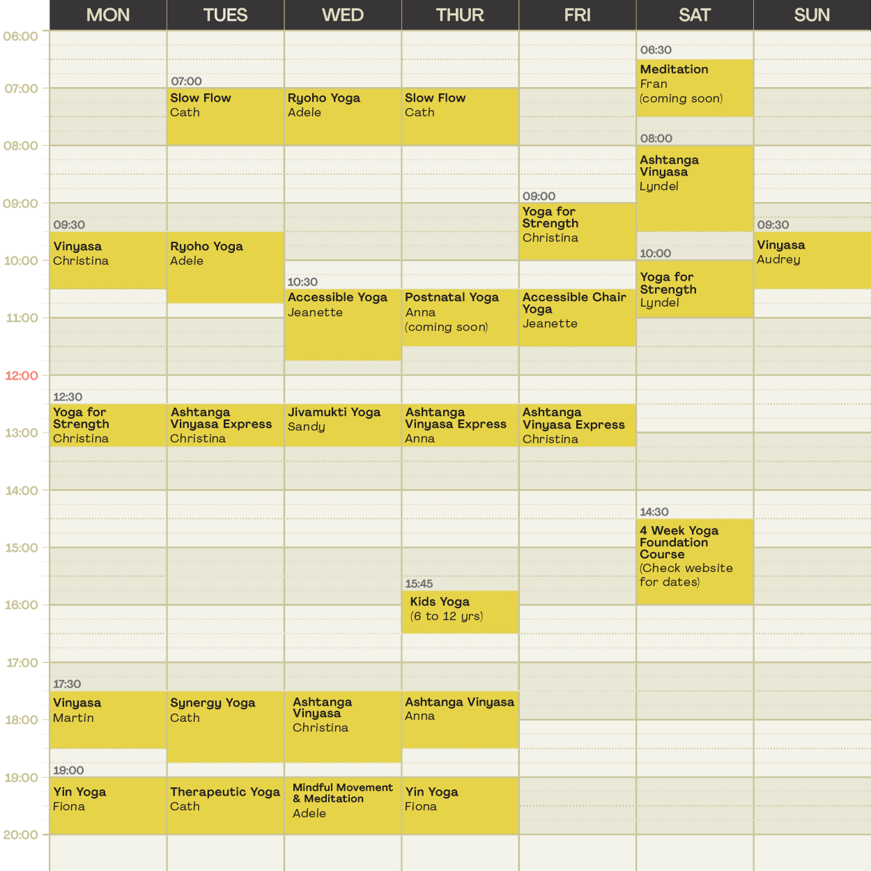Timetable - find out about our regular classes - Sanará Studio