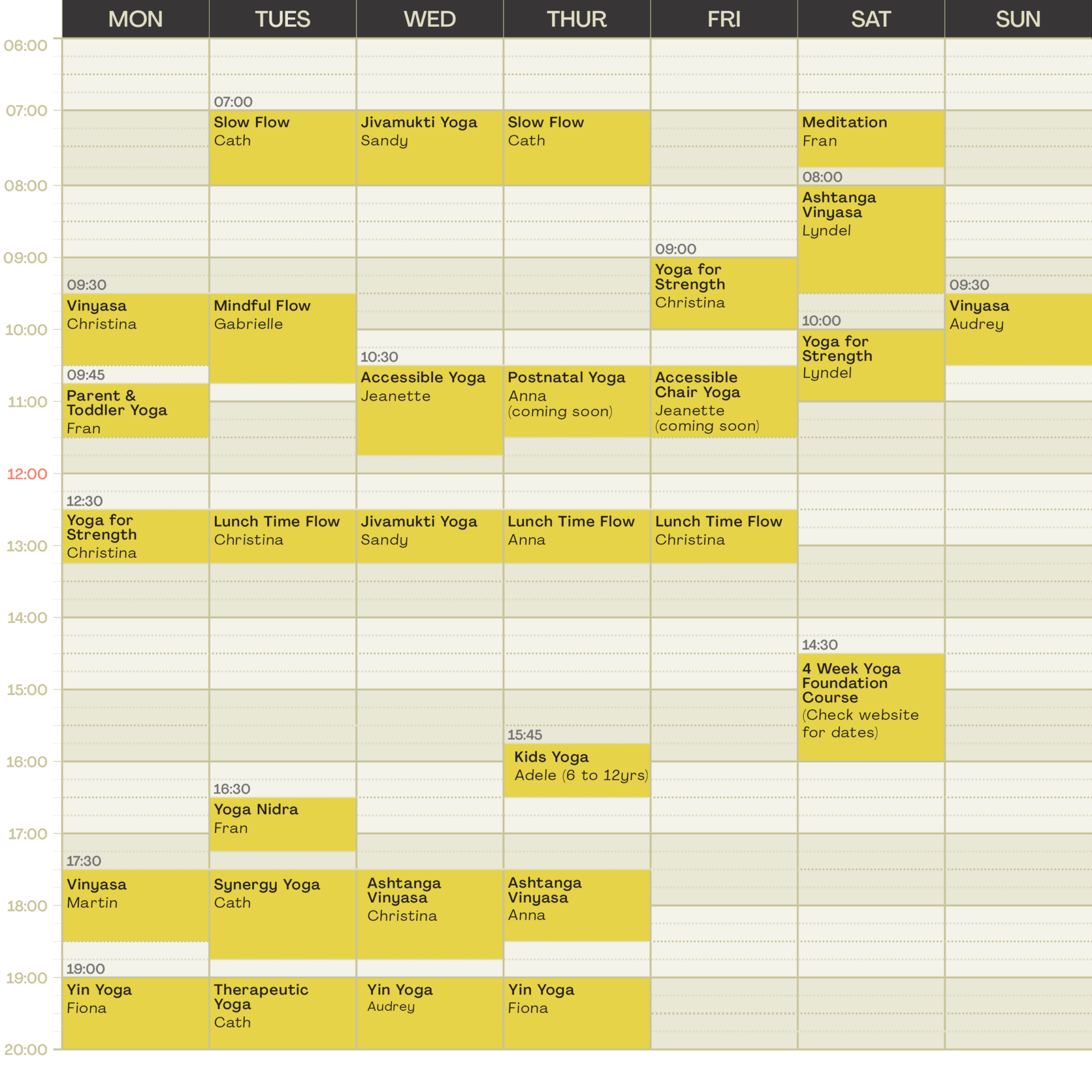 Timetable - find out about our yoga classes - Sanará Studio